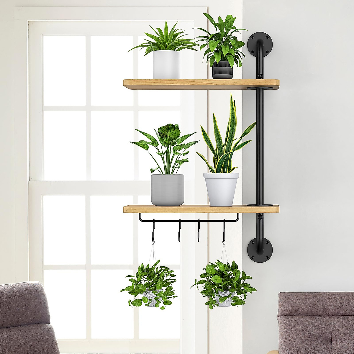 THYGIFTREE Window Plant Shelves 2-Tier Rotating Plant Display Holder Wall Mounted Pipe Swivel Plant Stand Rustic Floating Shelves for Houseplants Herbs, Wood
