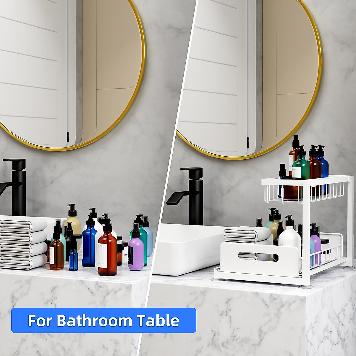 Lxmons 2-Tier Under Sink Slide Out Organizer, Pull Out Cabinet Storage Shelf with Sliding Storage Wire Basket Drawer for Bathroom Kitchen, Countertop or Pantry Storage shelf, White