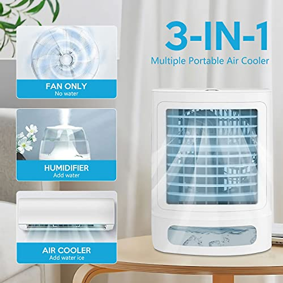 Longzhuo Portable Air Conditioner, 4 in 1 Evaporative Air Cooler with 600ml Water Tank, 7 Night Light Portable Air Cooler, Personal Desktop Cooling Fan for Car Home Camping Room