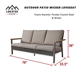 LOKATSE HOME Outdoor Wicker 3-Seat Couch Loveseat Patio Rattan Furniture Bench with Removable Thick Beige Cushions Steel Frame for Garden, Yard, Porch, Gray