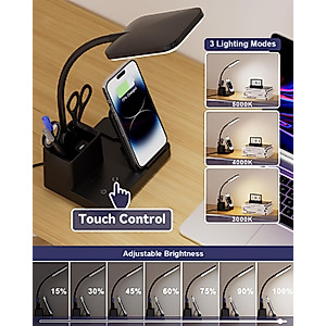 Sailstar Desk Lamp with Wireless Charger USB Charging Port, LED Desk Lamps for Home Office, 800LM 3 Lighting Modes Dimmable Pen Holder 360°Gooseneck, Eye-Caring Desk Light for College Dorm Room, Black