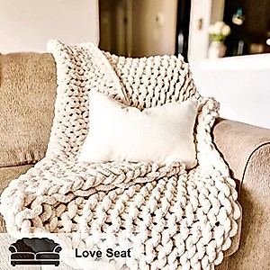 Mansmerton Chunky Knit Blanket Throw Large 50" x 60" Beige， Warm Soft Chenille Yarn Knit Blanket for Bed，Sofa，Machine Washable， Handmade Big Cable Knit Weighted Blanket -Bedroom&Boho Home Decor，Gift