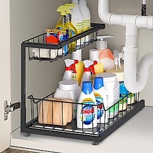JTWEB Under Sink Organizer: L-Shaped Metal Pull Out, Ideal for Kitchen and Bathroom Sink Organization, Black