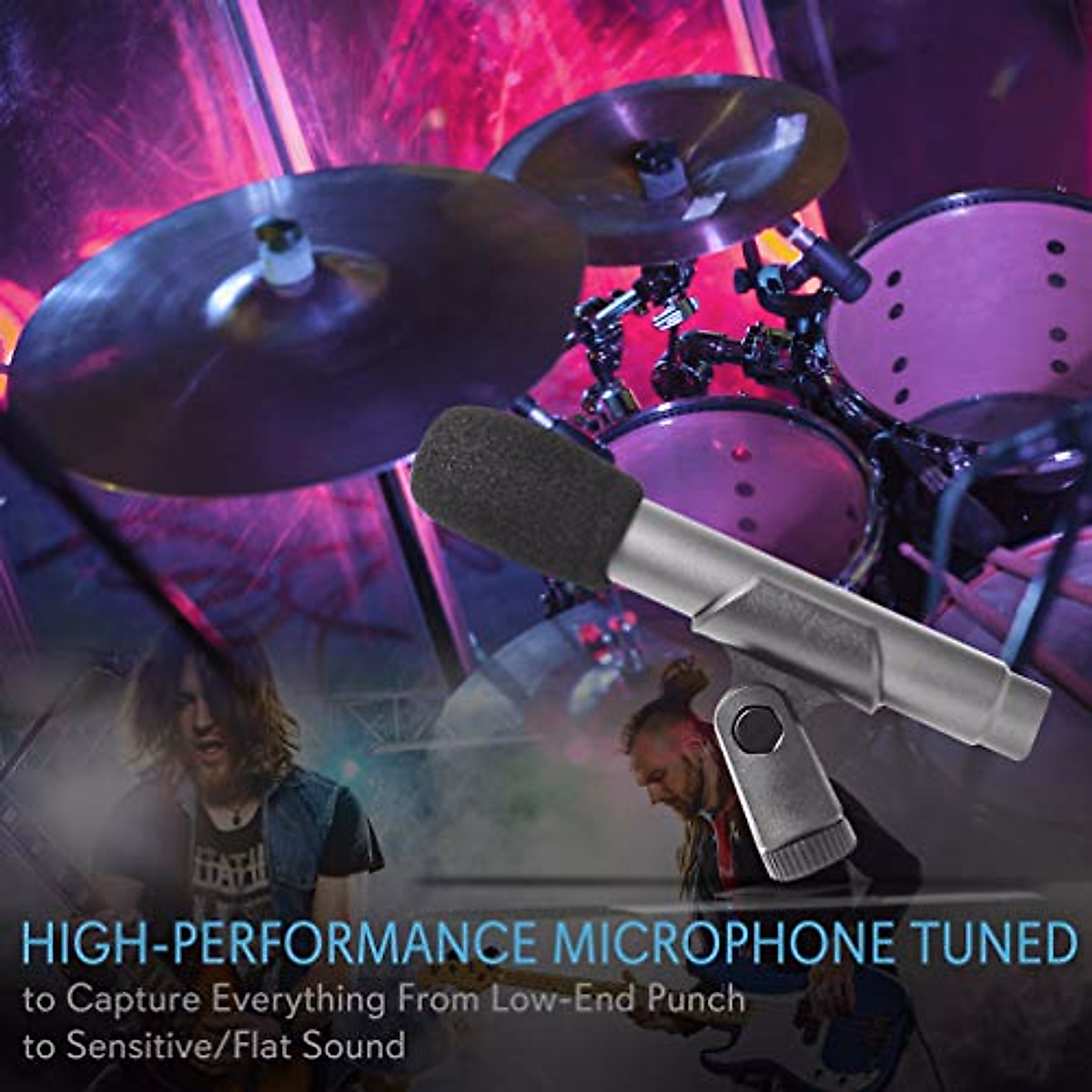 Pyle 7-Piece Wired Dynamic Kit-Kick Bass, Tom/Snare & Cymbals Microphone Set-for Drums, Vocal, & Other Instrument-Complete with Thread Clip, Inserts, Mics Holder & Case, Black