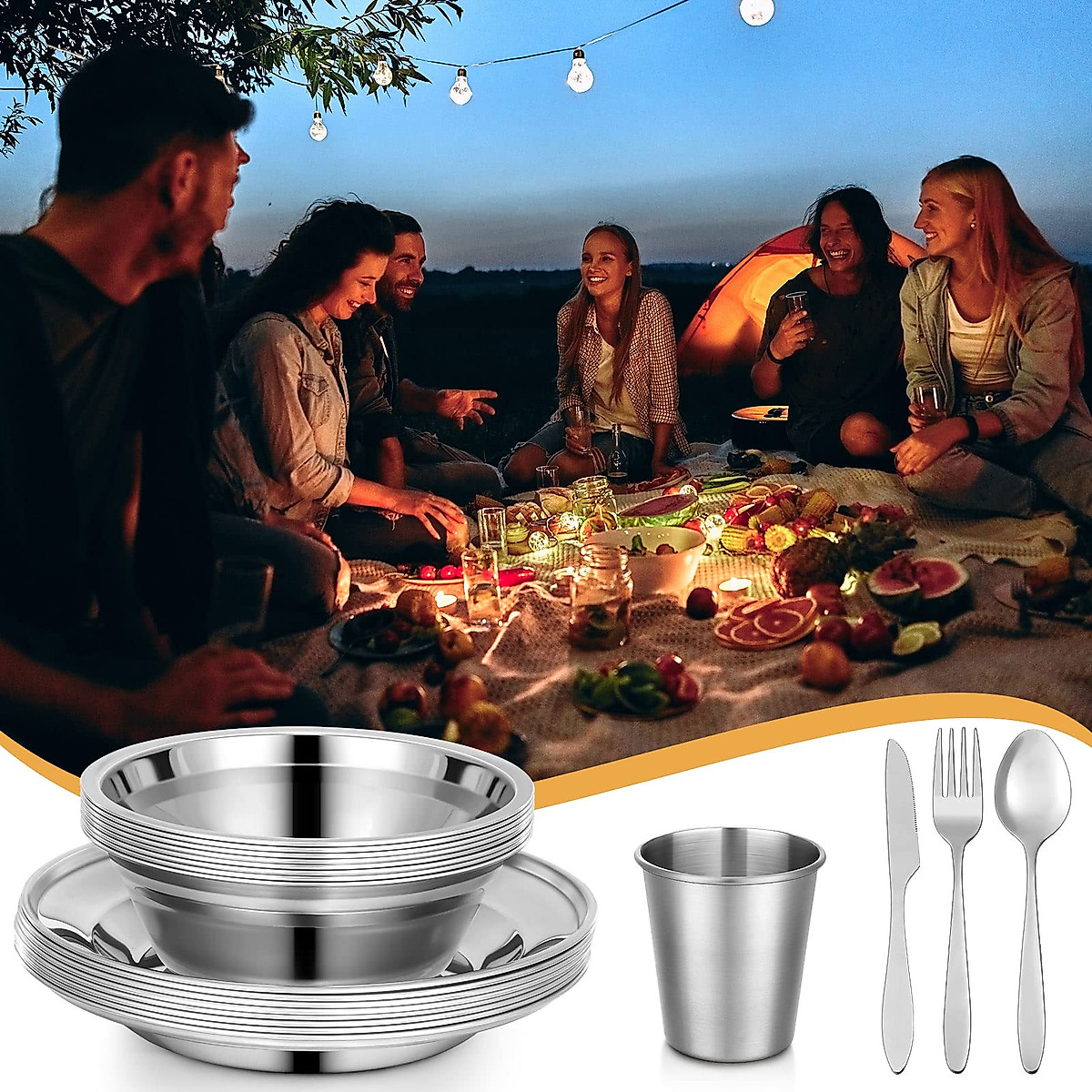 50 Pcs Camping Mess Kit, Polished Stainless Steel Dishes Set, Portable Dinnerware Utensils Tableware with Cups, Plates, Bowls, Mesh Bag for Backpacking Hiking Camping Travel Picnic, 8 Person Set