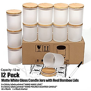 Aminigram 12 Pack, 12 OZ Frosted Candle Jars with Bamboo Lids, Empty Matte White Glass Candle Jars for Making Candles, Morden Kitchen Bathroom Small Things Container - Bonus 36 Sticky Labels