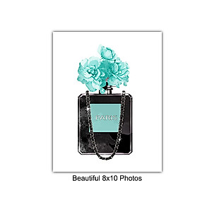 Blue Glam Wall Decor - Black African American Wall Decor - Designer Perfume, Shoes, Handbags - High Fashion Design Gift - Luxury Couture Wall Art Poster Set for Women, Teens, Girls Bedroom