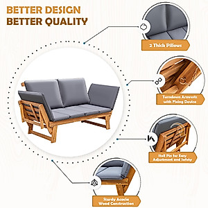 Greesum Patio Convertible Couch Sofa Bed with Adjustable Armrest, Acacia Wood Outdoor Daybed with Cushion & Pillow, Folding Chaise Lounge Bench for Porch Courtyard Poolside，Gray