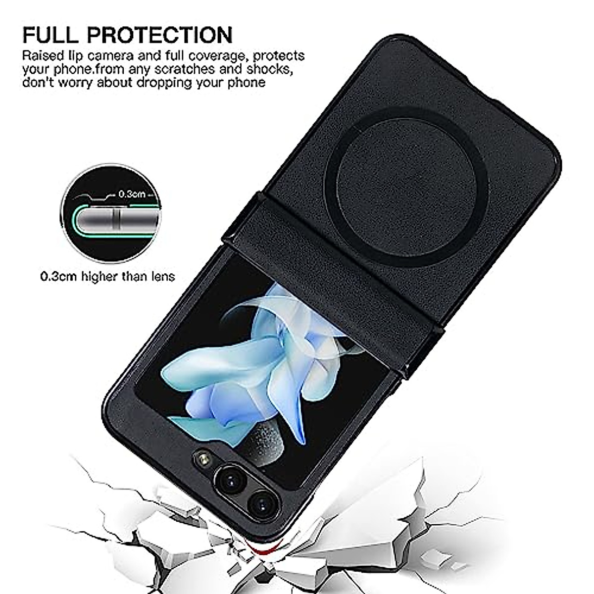 Gufiire for Samsung Galaxy Z Flip 5 Case with Hinge Protection, Front Screen Protector, Carbon Fiber Texture Leather Case Compatible with MagSafe Full Protection Phone Case for Galaxy Z Flip5 (Black)