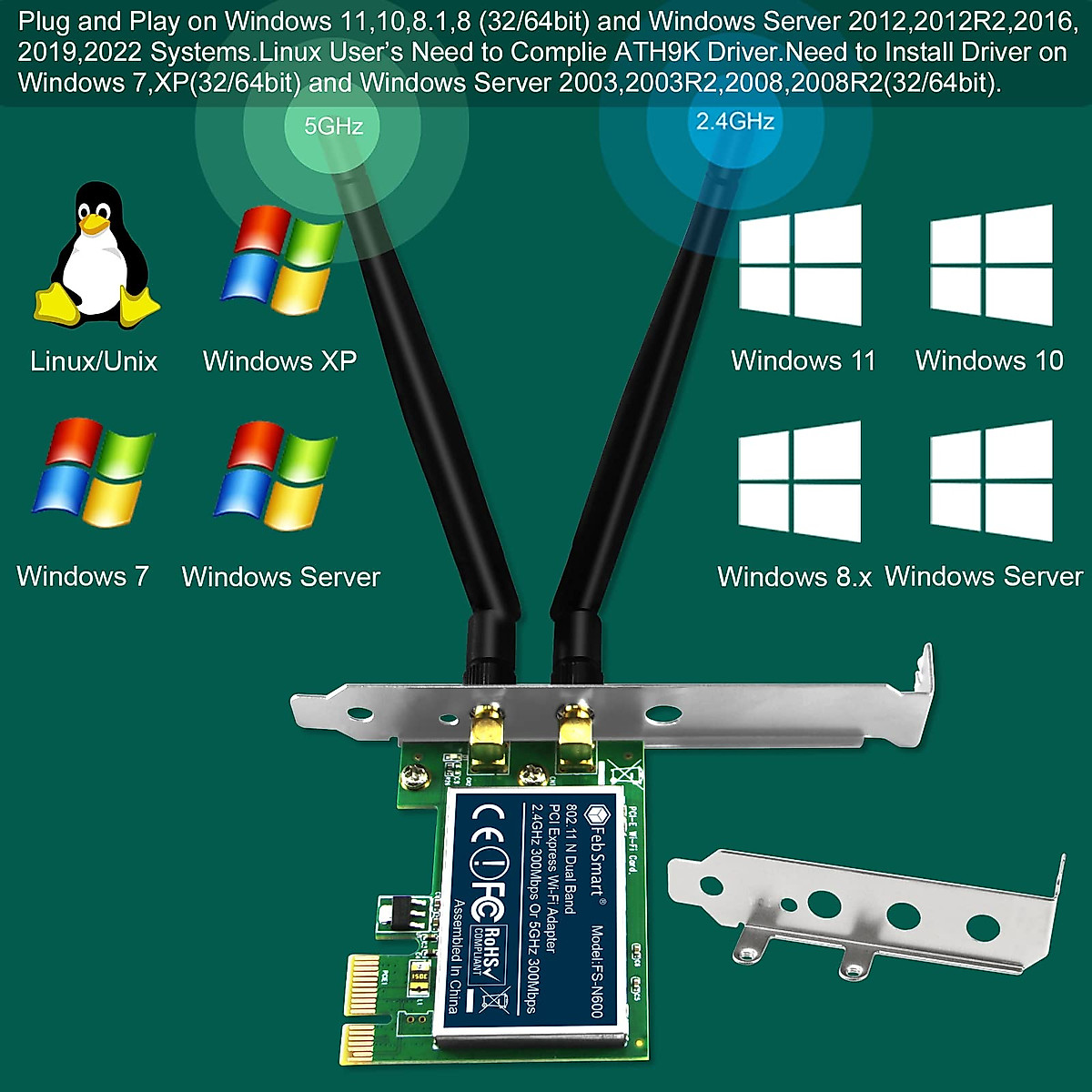 FebSmart Wireless N Dual Band 600Mbps (2.4GHz 300Mbps or 5GHz 300Mbps) PCIE WiFi Adapter for Windows 11, 10, 8.x, 7, XP (32/64bit) and Windows Server Desktop PCs, 2X2 MIMO PCIE WiFi Card (FS-N600)