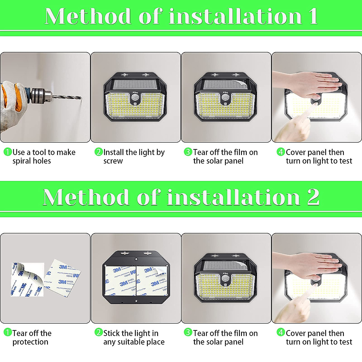 Biling Solar Motion Sensor Lights Outdoor, 202 LEDs Solar Security Light with Motion Sensor, IP65 Waterproof Solar Powered Wall Lights with 3M Tape for Deck Fence Porch Garden Yard Garage (2 Pack)