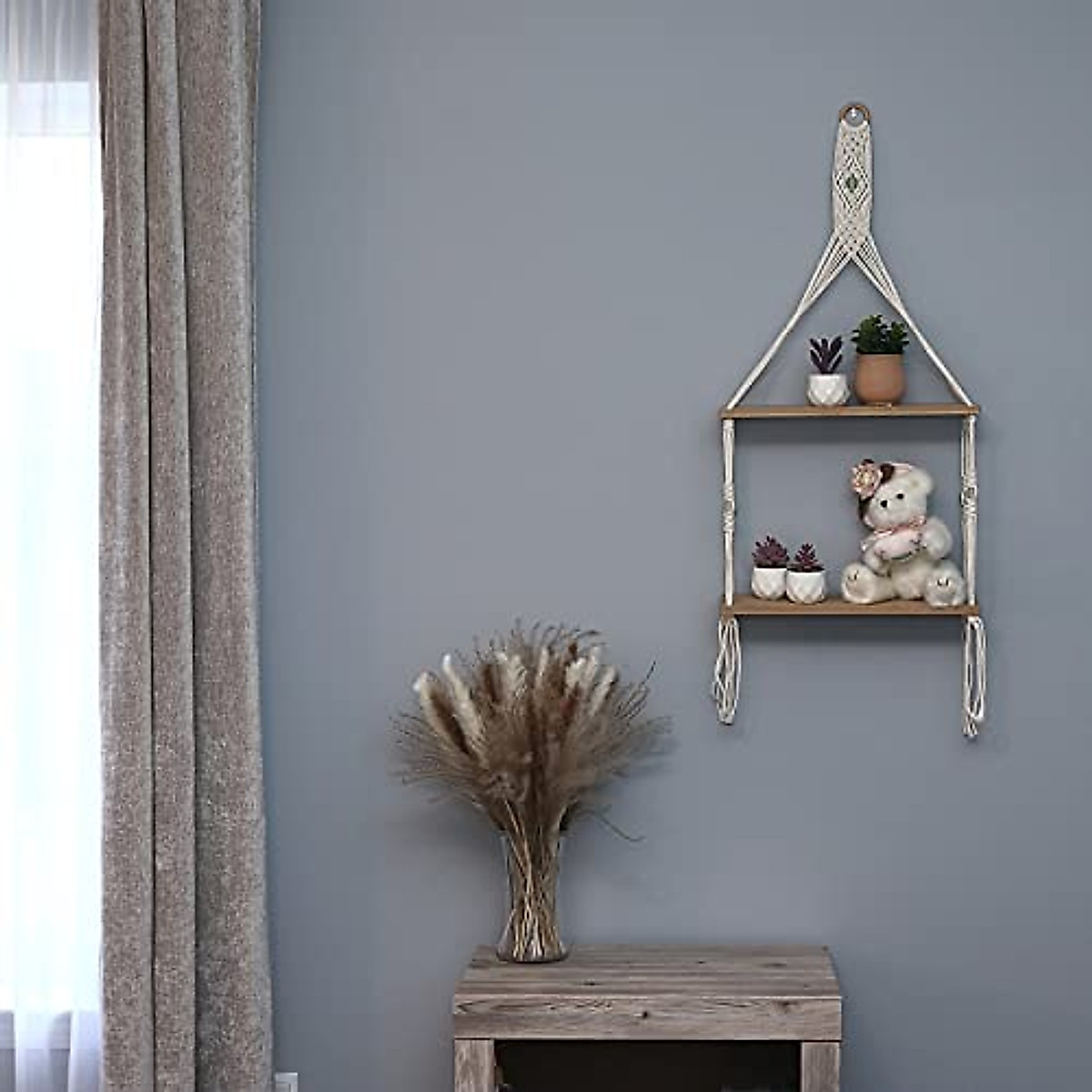 Macrame Bamboo Shelf with Sea Glass for Wall Hanging -2 Tier w/Beads - Unique Woven Boho Home Organizer Decor, Floating Storage for Small Plants, Handmade Cotton Rope-Bedroom, Living Room, Bathroom