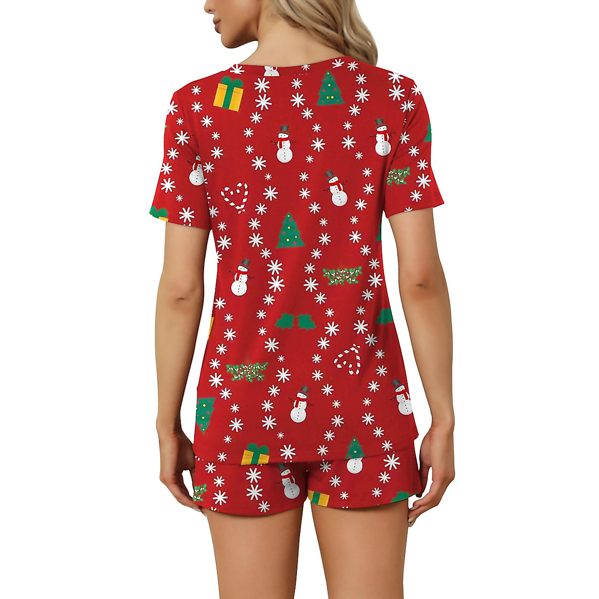 RUBZOOF Christmas Pajamas for Women Shorts Set Snowman Print Casual Soft V Neck 2 Piece Lounge Sets with Pockets S