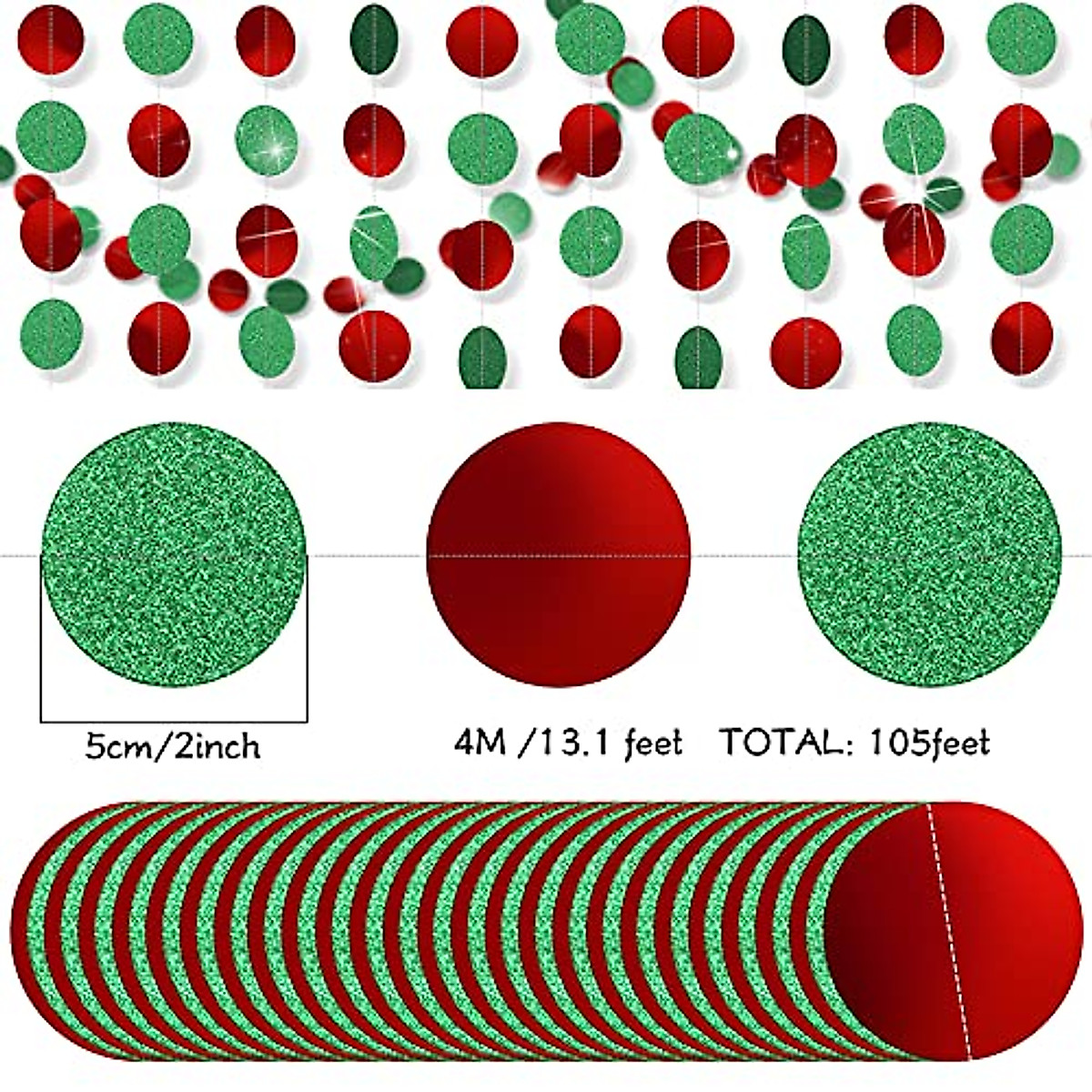 Marspark 8 Pack Green and Red Circle Dots Garland Christmas Party Decorations Banners Door Streamer Paper Banner for Birthday Baby Shower Holiday Decorations, 105 Feet in Total