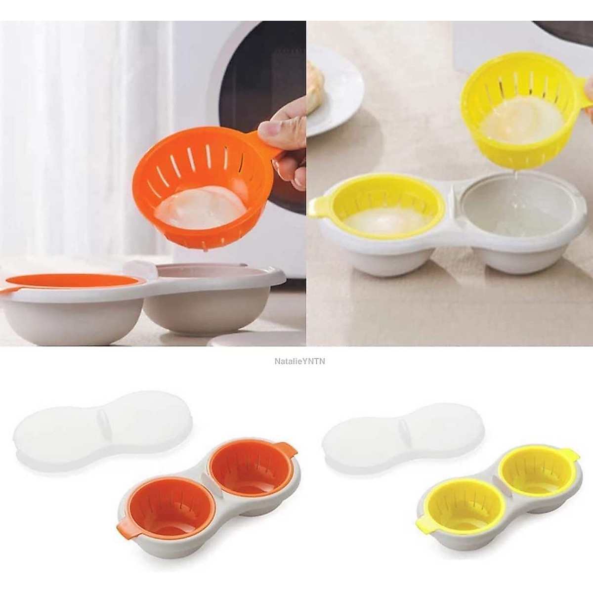 WWLUCKY Draining Egg Boiler for Microwave, Perfect Double Egg Poacher, Silicone Egg Boiler Cups, Double Egg Cups for Boiled Eggs, Draining Egg Boiler Set, Kitchen Cooking Gadget Tools, Blue