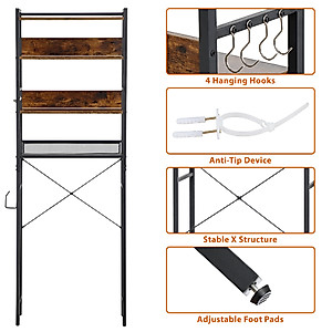 ZENY Over The Toilet Storage, 4-Tier Over Toilet Bathroom Space Saver with Hooks, Over The Toilet Storage Rack, Freestanding Bathroom Organizer, Rustic Brown