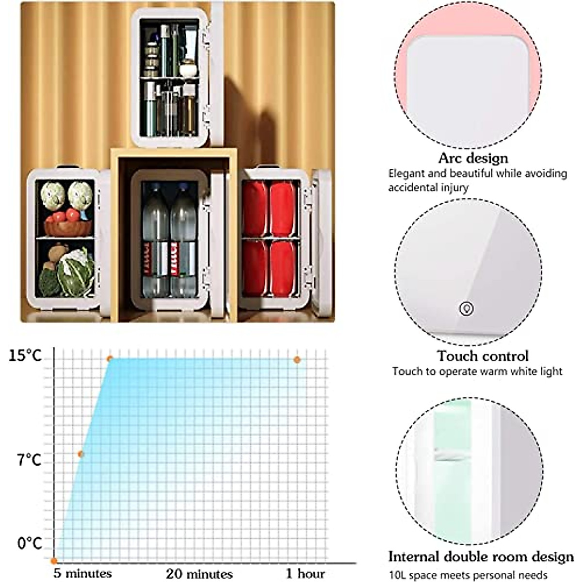 YUNYN Mini Fridge for Bedroom, 8L Skincare Fridge with LED Mirror, Beauty Fridge, Portable Small Refrigerator, Mini Fridge for Makeup, Skincare, Drinks (White)
