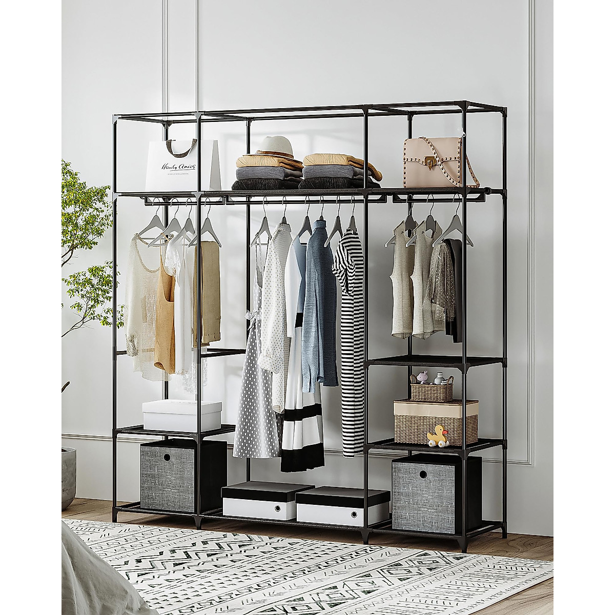 Hzuaneri Closet Wardrobe, 64-inch Portable Closet for Bedroom, 3 Clothes Rail with 9 Compartments Shelves, Freestanding Clothes Storage Organizer for Cloakroom, Black WH0203