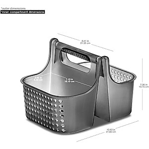madesmart 2-Compartment Soft Grip Shower Tote for Bathroom Organization, Plastic Storage Shower Caddy Bucket, Small, Carbon