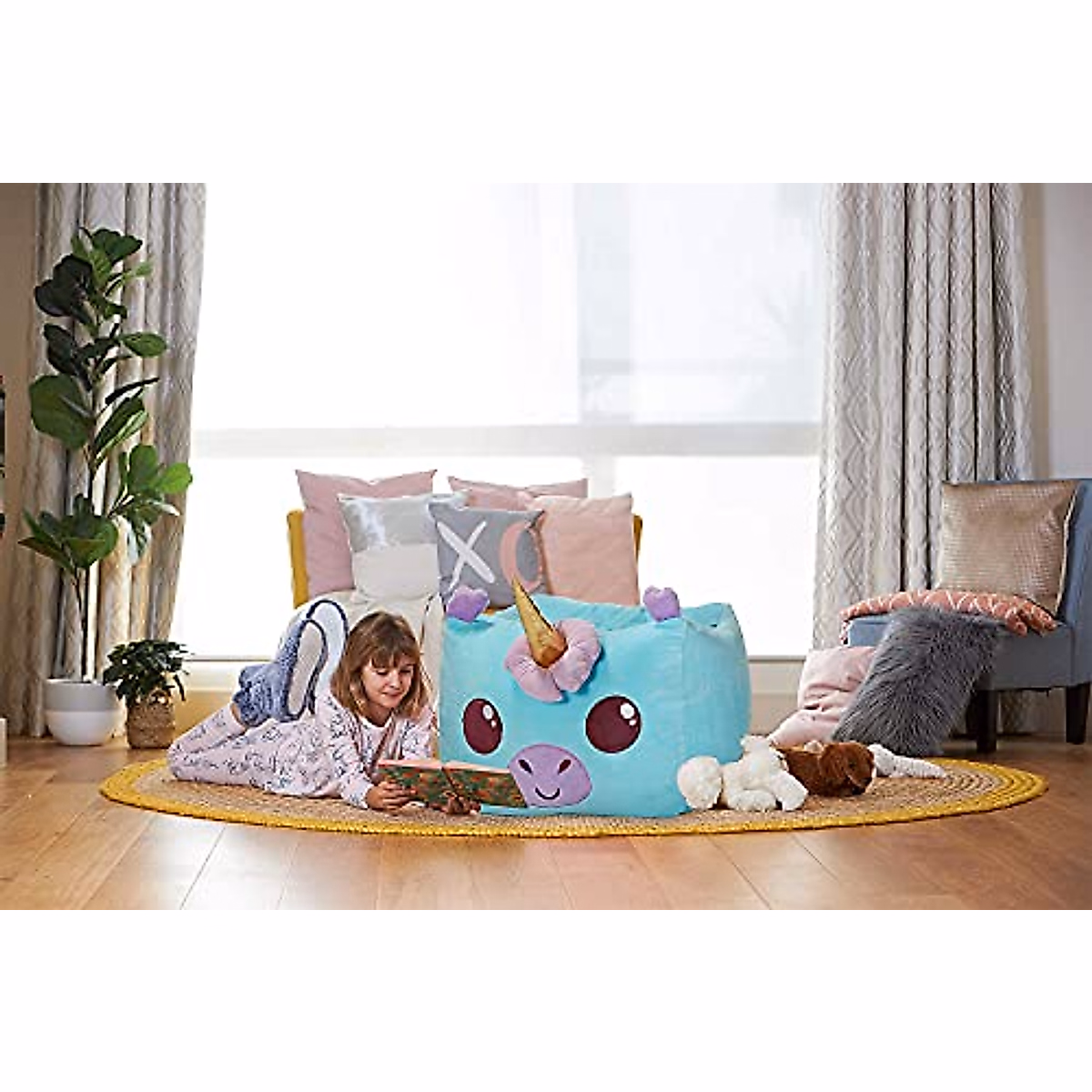 Aubliss Unicorn Stuffed Animal Storage Bean Bag Chair for Kids, Velvet Extra Soft Beanbag Chairs Cover, X-Large Stuffable Zipper Bean Bag for Organizing Plush Toys Girls Bedroom Decor, Cyan
