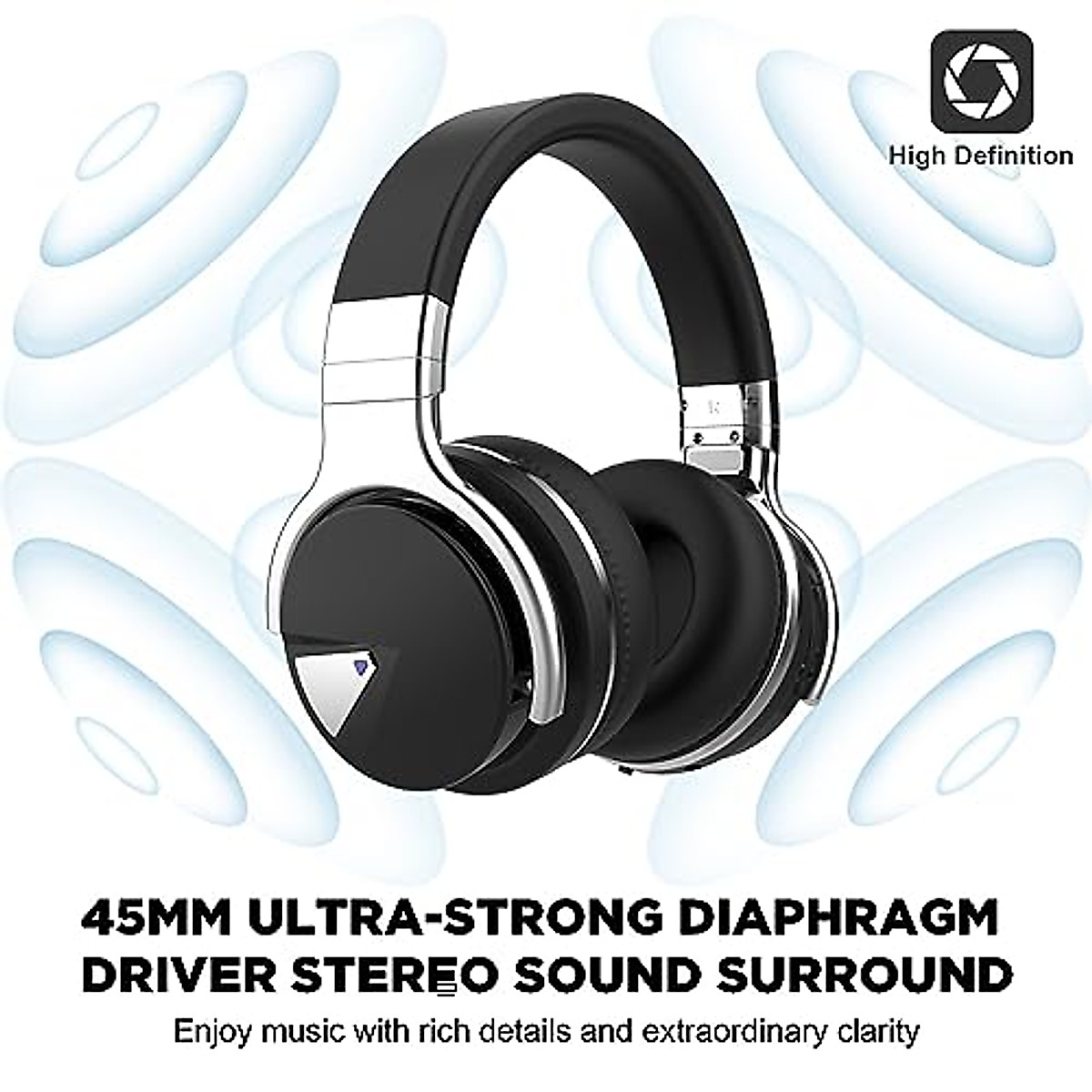 Active Noise Cancelling Headphones Bluetooth Headphones Wireless Headphones with Microphone Over Ear with Deep Bass, Comfortable, for Travel/Home/Office, 30 Hours Playtime, Black