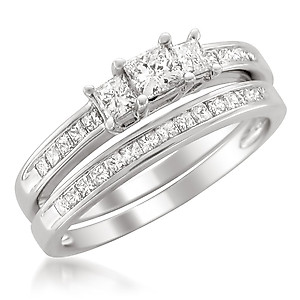 Beyond Brilliance 1.50 Carat Diamond, Prong Set 14K White Gold Princess Cut Diamond 3 Stone Wedding Bridal Ring Set for Women (I-J, I1-I2) Natural Diamond Fine Jewelry Gift Box Included