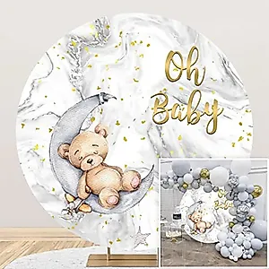 Canessioa 7.5x7.5ft Oh Baby Bear Round Backdrop Cover Gold Sequins Abstract Grey White Marble Texture Baby Shower Round Backdrop Polyester Gender Reveal Party Newborns Boy Baby Shower Round Backdrop