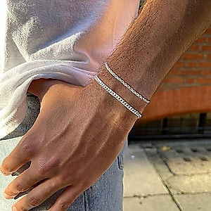 Poaiiu Silver Layered Chain Bracelets Sets for Men Women Silver Rope Figaro Cuban Link Chain Bracelets Set Men Jewelry Gifts for Dad Boyfriend Husband