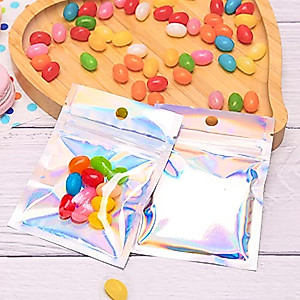 QTOP 100 Pieces Mylar Bags Holographic Packaging Bags, Foil Pouch Ziplock Bags for Food Storage and Lipgloss, Jewelry, Eyelash Packaging (3 X 4 inches)