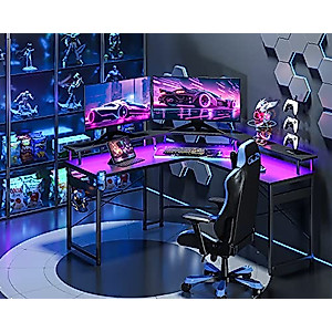 ODK L Shaped Gaming Desk with LED Lights & Power Outlets, 51" Computer Desk with Full Monitor Stand, Corner Desk with Cup Holder, Gaming Table with Hooks, Black Carbon Fiber