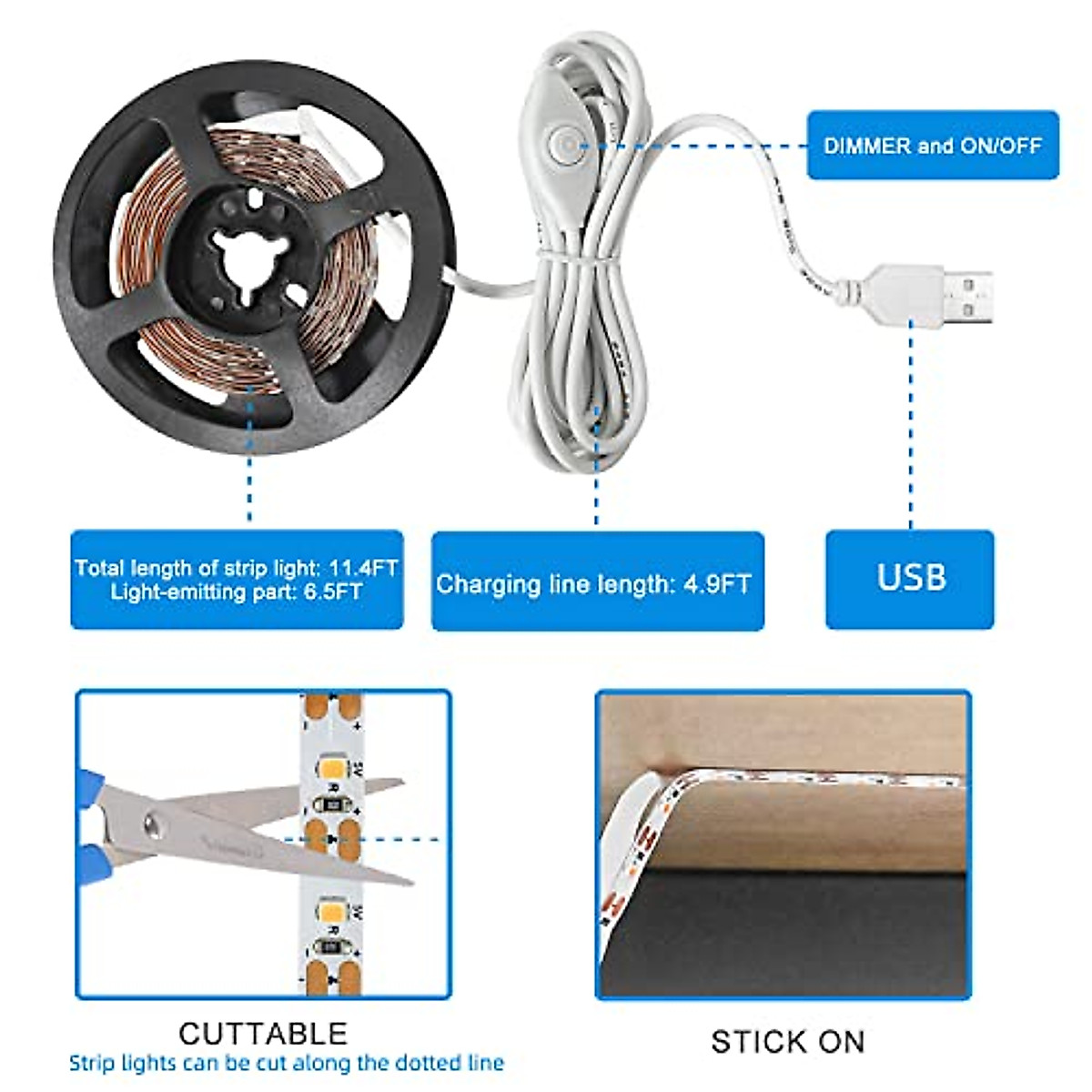 Led Light Strips, 11.4FT*2 Led Tape Light, Under Cabinet Light with Adjustable Brightness, 120*2pcs LED Lamp Beads Bring Super Bright Warm White Light, for Kitchen, Shelf, Bedroom, Stair(2 packs)