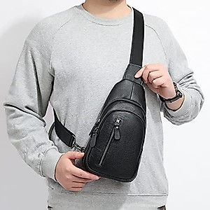 Mens Sling Bag Small Genuine Leather Chest Shoulder Bags Travel Crossbody Mini Casual Daypack Black