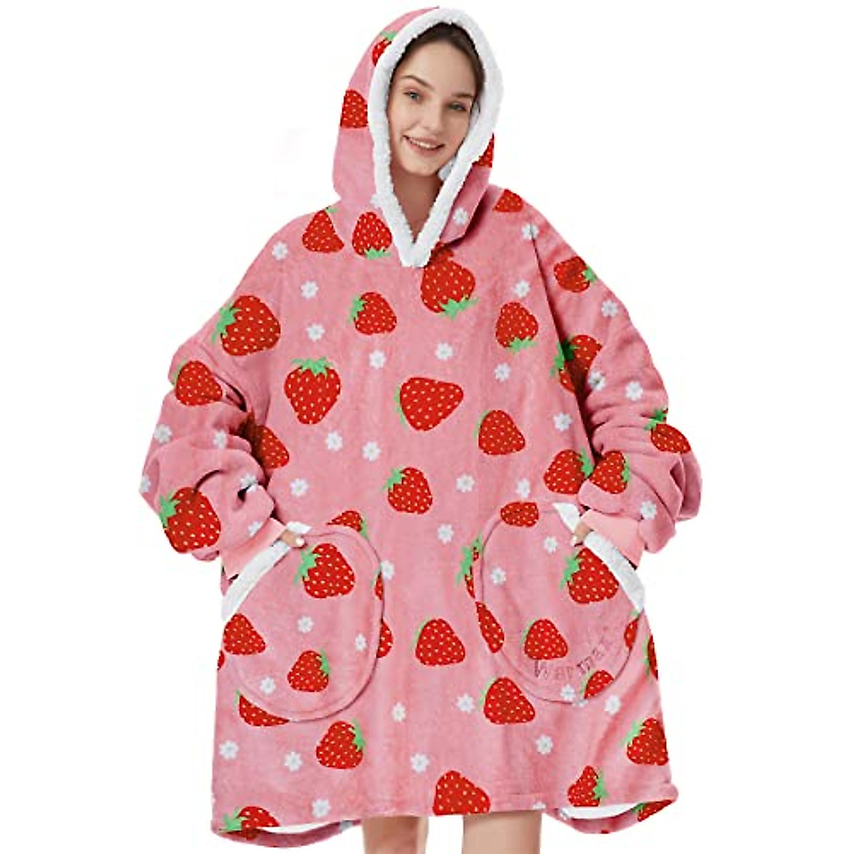 Zando Oversized Wearable Blanlet Hoodie Blankets Winter Blacnket Comfy Original Blanket Sweatshirt for Women Cozy Sherpa Blanket Pocket Blanket Christmas Gifts Strawberry Adult