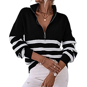 BTFBM Women 2023 Casual Long Sleeve Zip Striped Pullover Sweaters V Neck Collar Ribbed Knit Fall Winter Slouchy Jumpers (Striped Black, Large)