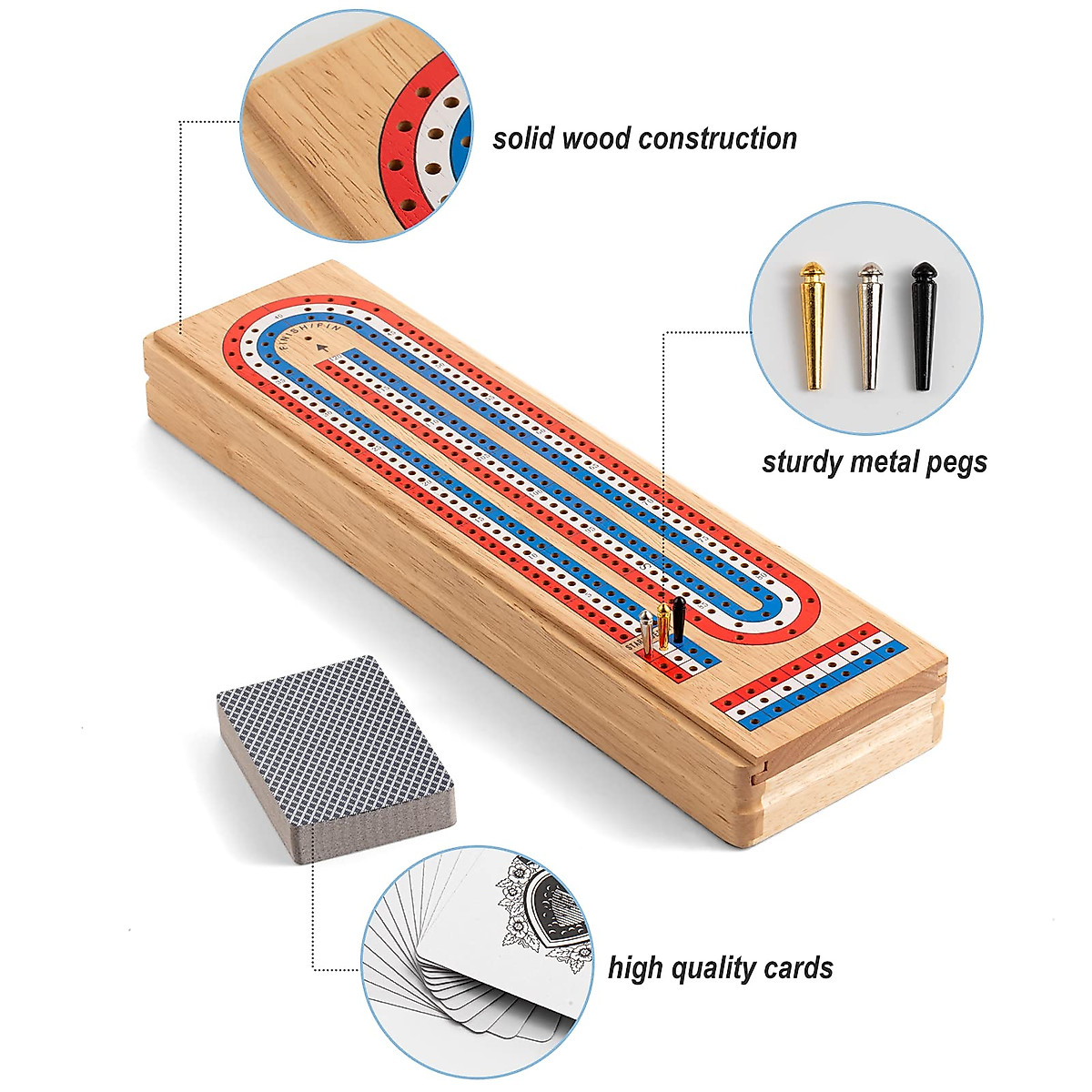 Ceebyfa Cribbage Board Game Set with Large Storage Area, Solid Wood 3 Track Cribbage Board, 9 Metal Pegs, 2 Playing Cards and Instruction. Portable Travel Board Game for All Ages.