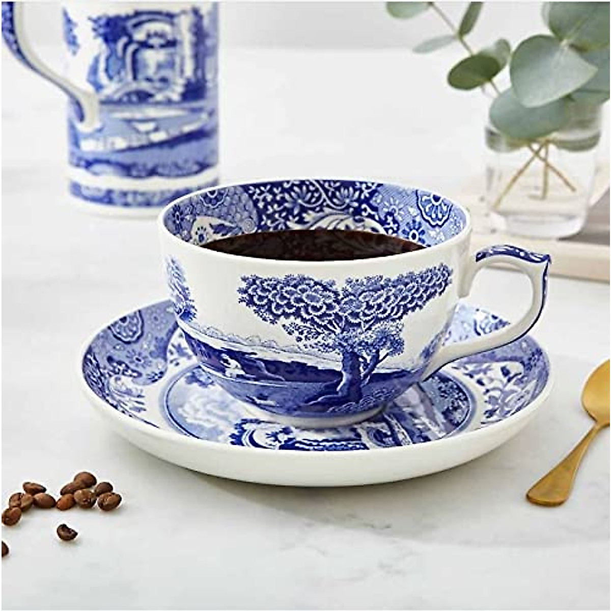 Blue Italian Teacups and Saucers | 7 Oz Cups for Coffee, Tea, and Hot Cocoa | Fine Earthenware | Microwave and Dishwasher Safe | Made in England