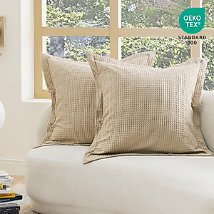 Bedsure Euro Sham Pillow Covers - 100% Cotton Waffle Weave Pillow Shams 2 Pack, Ultra Soft and Cozy Throw Pillow Covers for Bed Pillows, Decorative Euro Shams for Sofa and Couch, Khaki, 26x26 Inches