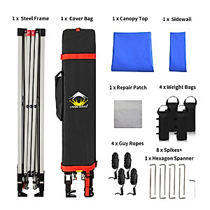 CROWN SHADES Canopy Tent, 10 x 10 Foot Portable Pop Up Outdoor Gazebo with 1 Sidewall, Easy 1 Push Center Lock, UV Protection, and Carry Bag, Blue