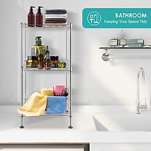 ANTSKU 3-Tier Adjustable Shelving Unit, Metal Wire Rack with Leveling Feet, Standing Storage Shelf for Laundry, Bathroom, Kitchen, Pantry, Closet (12" D x 12" W x 23.5" H, Chrome)