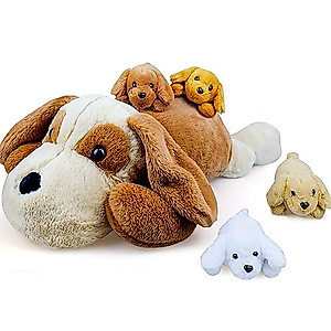 Soft Cuddly Dog Mommy Stuffed Animal Toys with 4 Surprise Babies, Animal Pillows Plushies for Toddlers, Kids, Boys, Girls, & Adults Gifts for Birthdays, Christmas, Valentine's and Thanksgiving Day