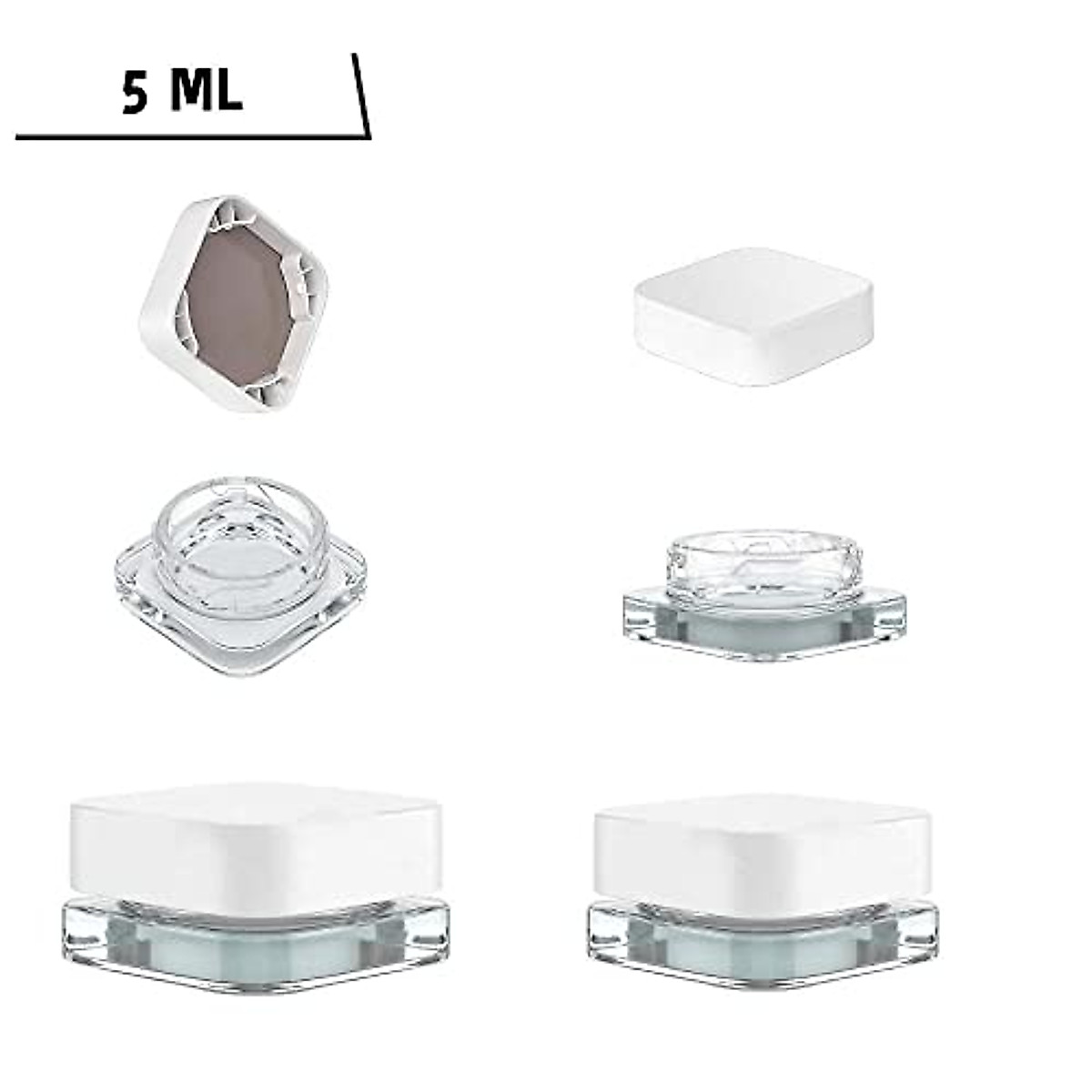 90 packs 5ml Square Glass Jar Concentrate Jars with White Push-and-Turn Lids, White Screw child resistant lid for Safely Storing Concentrates, Shatter and Oils