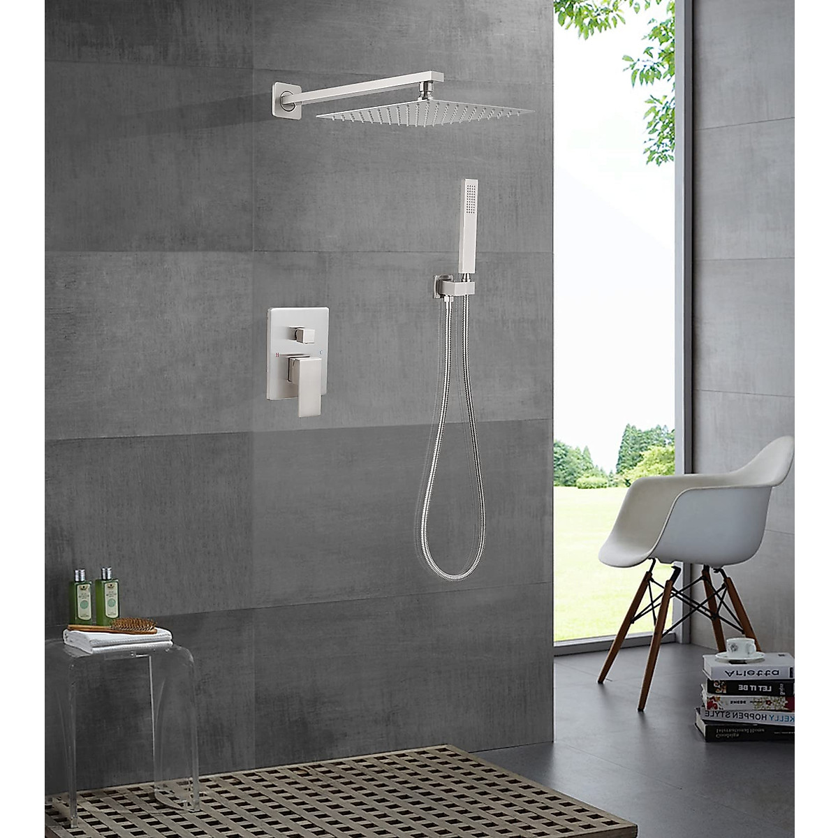JingGang Brushed Nickel Shower System 10 Inch Bathroom Luxury Rain Mixer Shower Combo Set Wall Mounted Rainfall Shower Head and Handheld System Shower Faucet Rough-in Valve Body and Trim Included