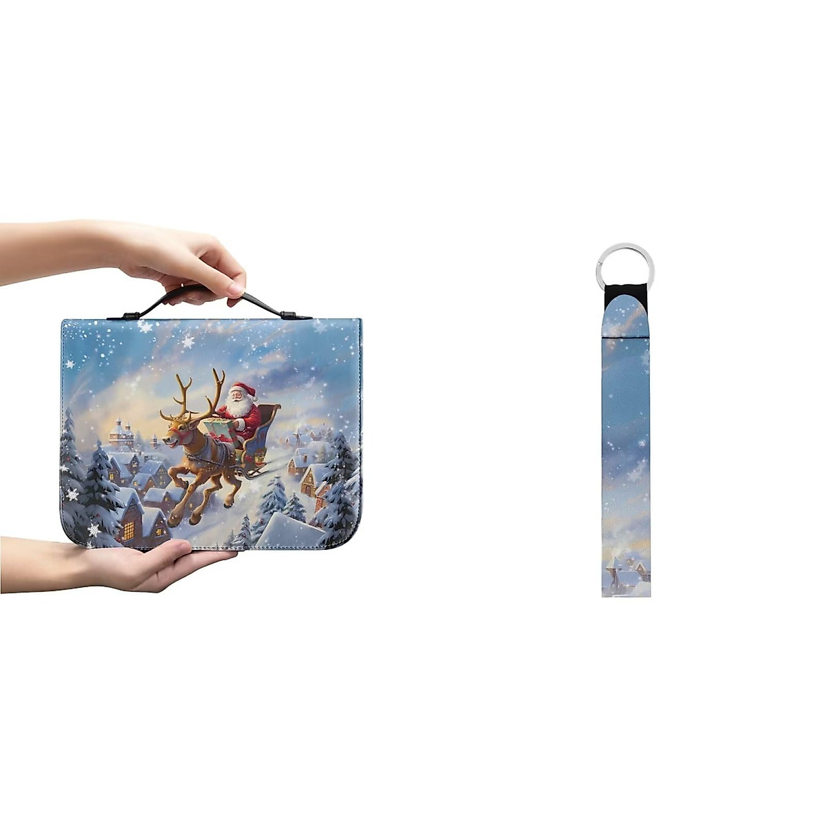 Psesaysky Santa Claus Deer Bible Covers for Women PU Leather Bible Organizer Bag with Handle Multifunctional Portable Car Keychain Christmas Decor