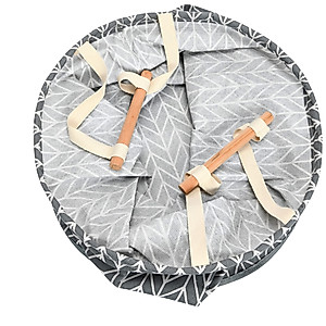 Household Essentials Round Krush Hamper with Wood Dowel Handles, Gray Chevron