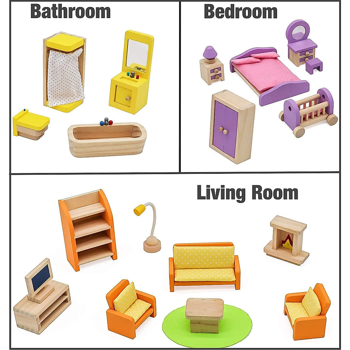 Pidoko Kids Dollhouse Furniture -Fully Furnished Bundle Set - (42 Pcs for 5 Rooms) - Wooden Toys