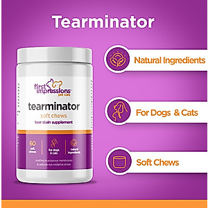 First Impressions Tearminator Soft Chews – Natural Dog Tear Stain Remover for Dogs, Eye Supplements for Dogs and Cats - Yummy Vision Bites for Dogs - 60 ct