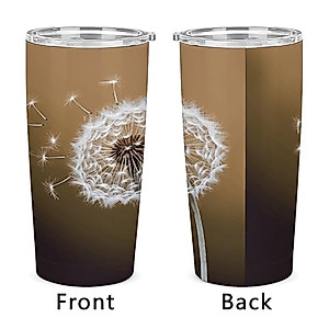FHENMSA Stainless Steel Insulated Travel Coffee Mug,Blown Dandelion Blossom Print Reusable Car Cup,Thermal Cup for Outdoor with Straw And Lid