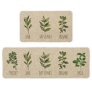 Artoid Mode Parsley Sage Oregano Basil Bay Leaves Decorative Kitchen Mats Set of 2, Seasonal Holiday Party Low-Profile Floor Mat for Home Kitchen - 17x29 and 17x47 Inch