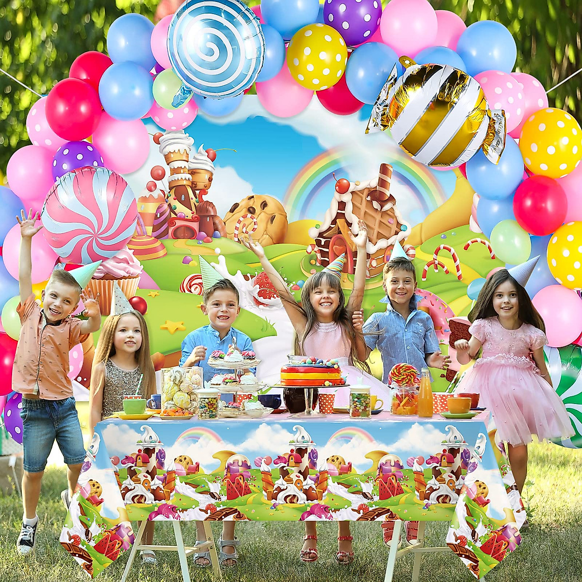 87 Pcs Candyland Themed Party Decorations, Candyland Lollipop Tablecloth and Lollipop Themed Backdrop with Balloon Garland Kit Christmas Candy Party Supplies for Christmas Halloween Party Supplies