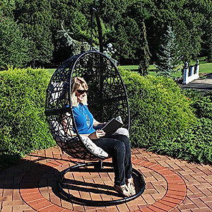 Sunnydaze Jackson Hanging Egg Chair with Steel Stand Set - All-Weather Construction - Resin Wicker Porch Chair - Large Basket Design - Outdoor Lounging Chair - Includes Gray Cushions